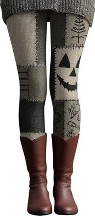 Generic Leggings dhiver chauds pour femme - Style r&eacute;tro - Patchwork - Motif chat noir citrouille t&ecirc;te de mort - Collants extensibles pour tenues gothiques et 