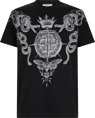 Philipp Plein Homme, Tops, Noir, Taille: XL T-Shirt Col Rond Rose des Vents Tatouage