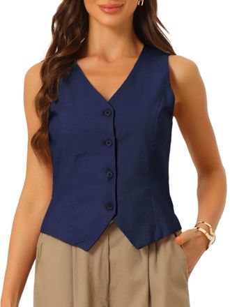 Allegra K Damen Business Weste Modisch &Auml;rmellos Knopfleiste V-Ausschnitt Verstellbar R&uuml;cken Leicht Sommerweste Tiefes Blau XL