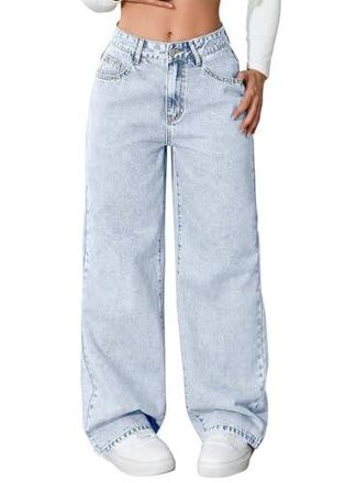 Generic Jean ample ample &agrave; jambe droite et taille haute pour femme - Style d&eacute;contract&eacute; et extensible - Taille haute, bleu clair, 3XL