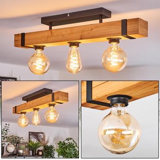 HOFSTEIN Deckenleuchte Sernadelo, 3-flammige Deckenlampe aus Holz/Metall in Natur/Schwarz, moderne Leuchte im Industrial-Design (&Oslash; 15 cm), E27, Esszimmer, Schl