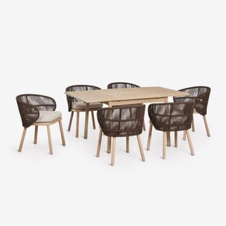 Sklum Set aus ausziehbarem Tisch 100-160x100 cm Karvia und 6 Esszimmerst&uuml;hlen aus Akazienholz und geflochtener Capri-Schnur Braun Choco