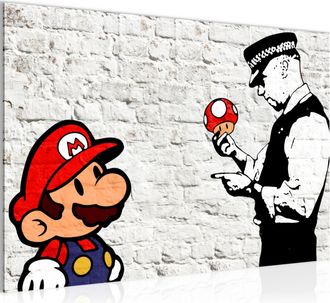 Runa Art Bild Mario and Cop Banksy Modern Wandbilder Jugendzimmer Wohnzimmer 1 Teilig - Made In Germany - Street Art Weiss Bunt Flur 006515a
