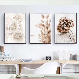 Railonch 3er Moderne Poster Set Stilvolle Pfingstrose Blumen Wandbilder Boho Beige Natur Pampasgras Bilder Ohne Rahmen Kunstposter Home Deko (40 x 50 cm)