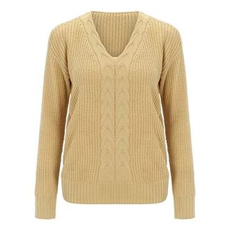 Generic Pull en tricot &agrave; manches longues pour femme - Couleur unie - Col en V - Coupe ajust&eacute;e - Automne et hiver, beige, XL