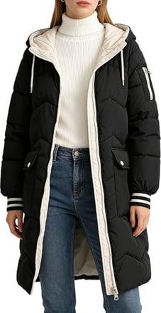 Generic Manteau dhiver long et imperm&eacute;able pour femme, doudoune &eacute;paisse &agrave; capuche, parka matelass&eacute;e chaude avec fermeture &eacute;clair et poches, noir, taille L