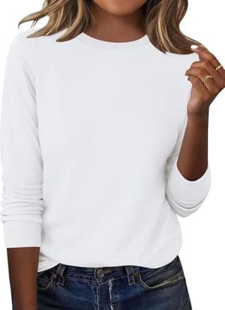 Minetom T-Shirt Femme Manches Longues Col Rond Hauts &Eacute;l&eacute;gant Extensible Top Chic Pull Basic D&eacute;contract&eacute; A Blanc M
