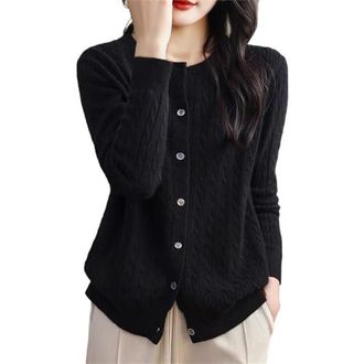Generic Cardigan de printemps &agrave; manches longues en tricot &agrave; col rond pour femme - Cardigan cor&eacute;en &eacute;pais et chaud, noir, Taille XS