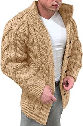 Onsoyours Cardigans Homme Automne Hiver Manches Longues Col en V Pull Col Montant à Boutons Chaud Sweater Moderne Couleur Unie Tricot Outwear Abricot 3XL