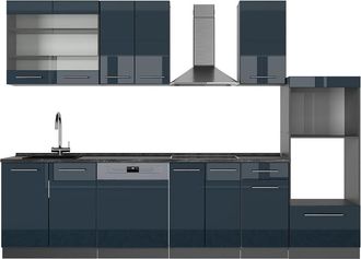 Vicco K&uuml;chenzeile Fame-Line, Dunkelblau Hochglanz/Anthrazit, 300 cm mit Hochschrank, AP Anthrazit