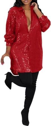 Generic Robe chemise ample &agrave; paillettes pour femme Printemps/Hiver Robe courte de demoiselle dhonneur Grande taille, Rouge, 3XL