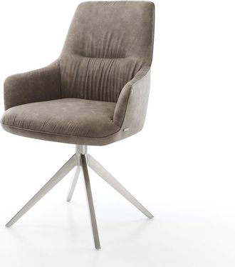 DELIFE Drehstuhl Zelia-Flex mit Armlehnen Mikrofaser Taupe Vintage Kreuzgestell breit Edelstahl 360&deg; drehbar Wippfunktion Taschenfederkern, Esszimmerst&uuml;hle