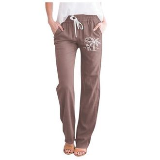 Generic Pantalon en coton et lin pour femme - Jambe large - Pantalon de plage d&eacute;t&eacute; pour femme - Confortable - Pantalon de yoga Palazzo XIYU26087, kaki, 3XL