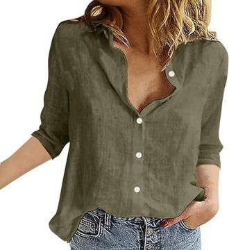 Generic Chemises d&eacute;t&eacute; en coton et lin &agrave; manches 3/4 boutonn&eacute;es pour femme - Tunique d&eacute;contract&eacute;e et ample - V&ecirc;tements tendance 2026, Vert, 5XL