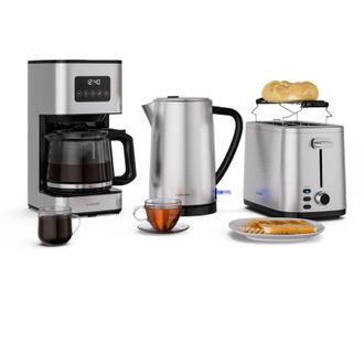 Klarstein Klarstein Verosteel Vollst&auml;ndiges Fr&uuml;hst&uuml;cksset Toaster 2 Scheiben mit 7 Br&auml;unungsstufen & Br&ouml;tchenaufsatz, Wasserkocher 1.7L Edelstahl
