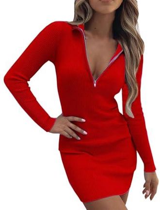 Generic Robe Sexy Femme Manche Longue- Robe Portefeuille Col Revers avec Zipp&eacute;e Tricot Couleur Unie Chic Et &Eacute;l&eacute;gants D&eacute;contract&eacute; Coupe Slim Fit De Tous Les Jo