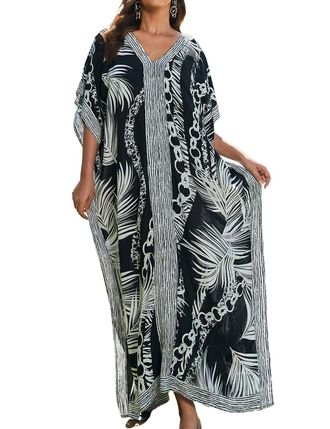 Bsubseach Kaftane f&uuml;r Frauen Plus Gr&ouml;&szlig;e Kaftan Kleid Lange Badeanzug Coverup Kurze &Auml;rmel Casual Maxi Kleid Schwarz Wei&szlig;