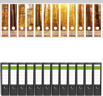 Wallario 12 St&uuml;ck breite Ordner inkl. Klebeetiketten mit Motiv Sonnenuntergang im herbstlichen Wald - Set mit R&uuml;ckenschildern/Ordnerr&uuml;cken Stickern