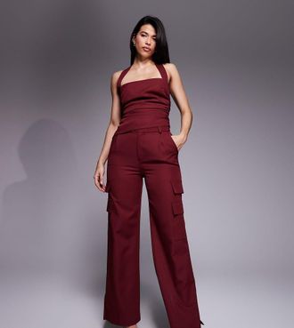 KAIIA Exclusive - Elegante Hose in dunklem Kirschrot mit Taschendetail und weitem Bein, Kombiteil