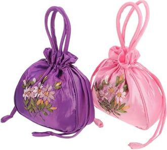 Yarnow 2 Pi&egrave;ces Sac &agrave; Main Brod&eacute; Ethnique pour Femmes Petite Pochette Fleur avec Cordon de Serrage Style Traditionnel Lot de Couleur Lavande et Rose Clair po