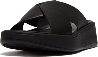 FitFlop Damen F-Mode Flatform Cross Slides aus Leder - Keilsandalen für den Sommer - Leicht, Bequem & mit Natürlicher Fußgewölbeunterstützung - Schwarz - 39 E