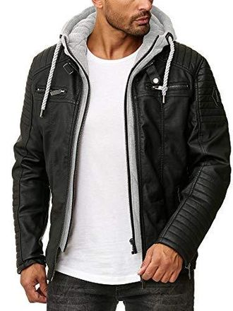 Red Bridge Veste en similicuir pour hommes Blouson de motard à capuche Biker Casual Noir-Gris melange XXL