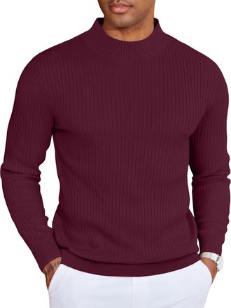 Coofandy Herren Pullover Stehkragen Winterpullover Gerippter Rollkragenpullover Warm Strickpulli Ribbed Mock Neck Sweater Dunkelrot XXL