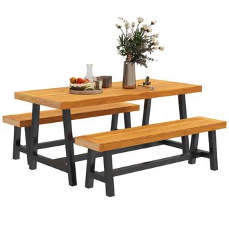 OUTSUNNY Sitzgruppe 3-teilig Holz Essgruppe für 4 Personen im Lamellendesign Esstisch mit 2 Bänke Esszimmergruppe mit Holztisch Küchentisch-Set Balkonmöbel Gar