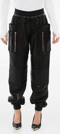 Balmain pantalon en cuir &agrave; taille haute - Noir