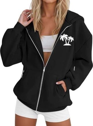 Generic 2026 Vestes &agrave; capuche &agrave; fermeture &eacute;clair pour femmes et adolescentes avec capuche enti&egrave;rement zipp&eacute;e, pull &agrave; manches longues et poches, Noir, XXL