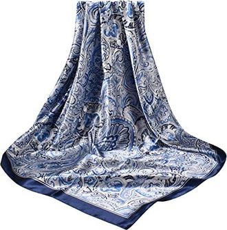 Generic &Eacute;charpe carr&eacute;e en satin avec imprim&eacute; de fleurs de cajou, bleu marine, Taille unique