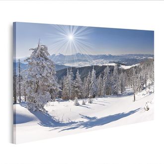 Islandburner Prime Bild auf Leinwand Winterlandschaft mit Schnee und Sonne im Gebirge - Leinwand 80x40cm