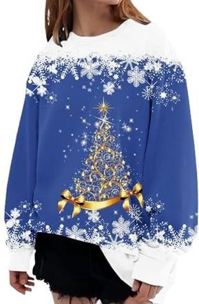Generic Chandails de Noël pour femmes à col rond - Chandail en molleton surdimensionné avec motif joyeux Noël - Chandail de vacances - Grande taille - Vêtemen