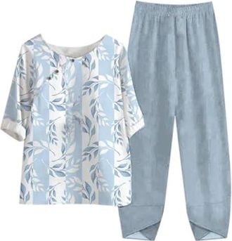 Generic Tenues deux pi&egrave;ces pour femme, haut &agrave; manches mi-longues avec pantalon &agrave; taille &eacute;lastique, ensembles d&eacute;t&eacute; assortis, bleu clair, 3XL