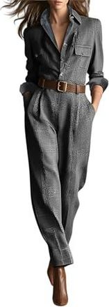 Generic Combinaison utilitaire &agrave; carreaux en tweed marron sophistiqu&eacute;e pour femme, &eacute;l&eacute;gante, r&eacute;tro, couleur unie, combinaison &agrave; manches longues sans ceinture,