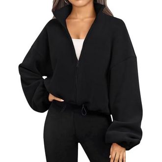 Generic Sweat-shirt court Sherpa &agrave; manches longues avec fermeture &eacute;clair int&eacute;grale pour femme, Noir, XXL