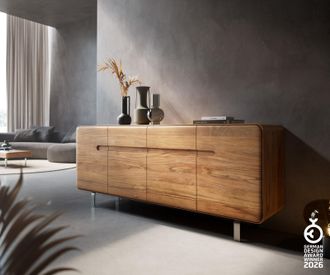DELIFE Sideboard Anaya 175 cm Akazie Natur 4 T&uuml;ren L-Fu&szlig; Edelstahl, Sideboards