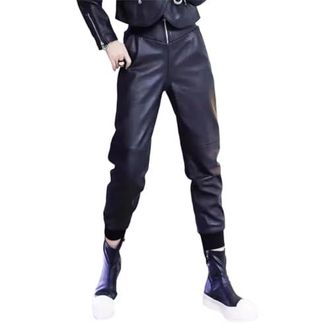 Generic Pantalon de survêtement taille haute avec fermeture éclair pour femme en cuir véritable, 2, XXL