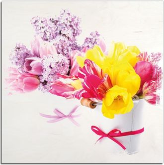 Wallario Wandbild aus Holz Zwei Blumen-Bouquets aus gelben und roten Tulpen und Flieder - 40 x 40 cm in Premium-Qualität: Brillante Farben