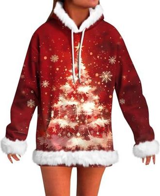 Generic Pull de Noël pour femme - Sweat à capuche de Noël moelleux et moche - Imprimé arbre de Noël amusant - Pull décontracté surdimensionné avec poches, Swe