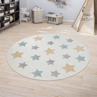Paco Home Paco Home Tapis Chambre Enfant Rond Tapis De Jeux Gar&ccedil;on Fille 3D Avec &Eacute;toiles Beige 200 cm rond
