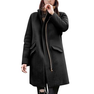 Generic Manteau long classique surdimensionné avec fermeture éclair et col montant pour femme, élégant, décontracté, coupe-vent, en laine mélangée, Noir, XXL