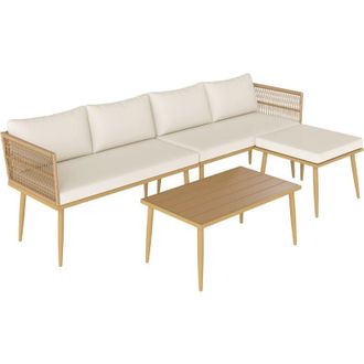 OUTSUNNY Ensemble salon de jardin 5 places modulables - Table basse 90x52cm - Coussins en polyester - R&eacute;sine tress&eacute;e beige - Protection anti-UV
