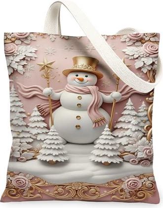 Generic Sacs fourre-tout en toile motif bonhomme de neige de No&euml;l, sacs d&eacute;picerie r&eacute;utilisables, vintage, l&eacute;gers, lavables avec bandouli&egrave;re, p&ecirc;che, 13x15 Inch