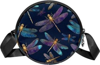 Generic Sac &agrave; bandouli&egrave;re rond pour femme, motif libellule avec fermeture &eacute;clair, bretelles r&eacute;glables, sac &agrave; main rond d&eacute;contract&eacute; pour femmes et filles