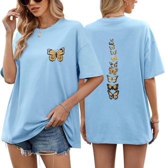Heekpek Damen Tshirt Oversize T Shirt Baumwolle Kurzarm Longshirt Sommer Oberteile Graphic Tee Lang Bluse Tunika Tops f&uuml;r Teenager M&auml;dchen Locker Basic T-Shir