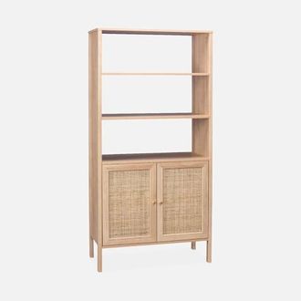 Sweeek Alices Home - Bibliothèque décor Bois et cannage - Bohème - 4 Niveaux. 2 Portes. 5 étagères
