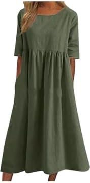 Generic Robe dextérieur décontractée Basique en Coton smocké à col Ras du Cou et Poches pour Femme (Dark Green,3TG)