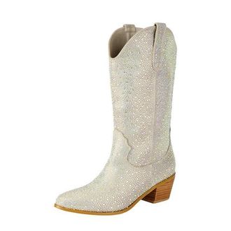 Generic Bottes mi-mollet avec strass étincelants pour femme - Bout pointu - Talon épais - Mode western, Argenté., 36.5 EU