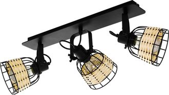 Eglo Deckenlampe Anwick 1, 3 flammige Deckenleuchte Vintage, Boho, Deckenstrahler aus Stahl und Rattan, Wohnzimmerlampe in Schwarz, Natur, Küchenlampe, Spo